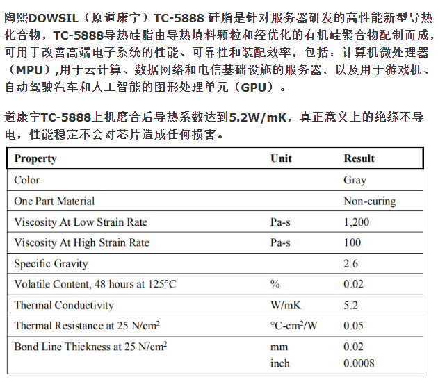 DOWSIL陶熙道康宁TC-5888导热硅脂TC5888导热膏